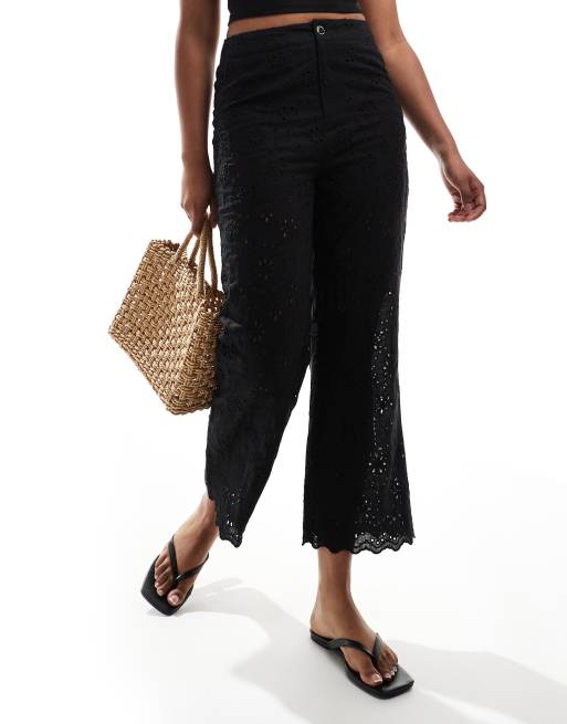 Morgan linen blend broderie detail cropped pants in black | ASOS