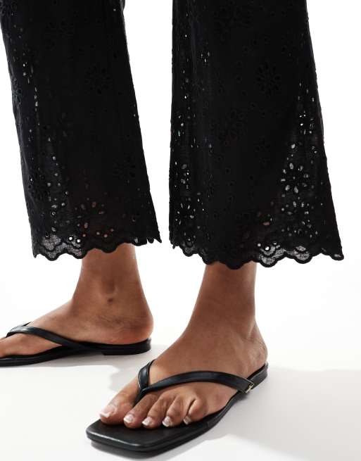 Morgan linen blend broderie detail cropped pants in black | ASOS