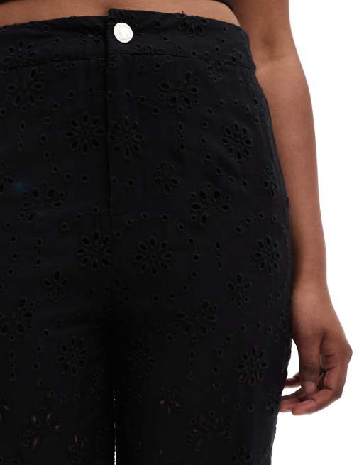 Morgan linen blend broderie detail cropped pants in black | ASOS