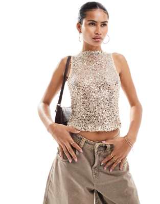 Motel Dudley sequin singlet top in silver gold | ASOS