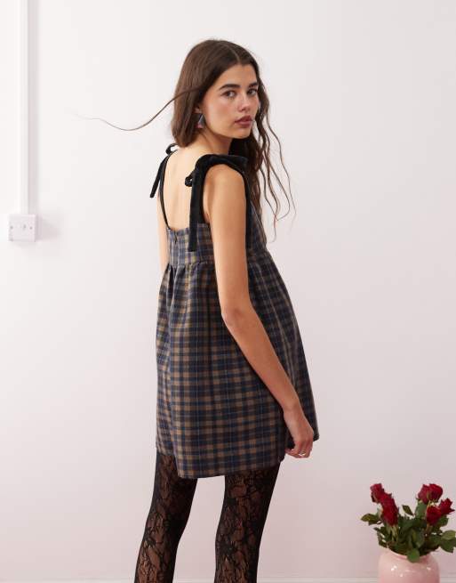 Motel mikayla square neck check cami dress in navy | ASOS