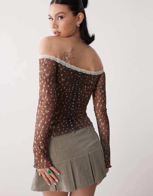 Motel rusaka deer print mesh top in brown | ASOS