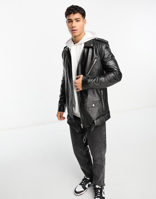 Muubaa - Blouson long style motard en cuir avec ceinture - Noir | ASOS