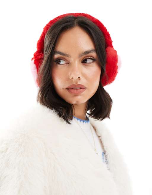 My Accessories faux fur ear muffs with heart in red and pink | ASOS