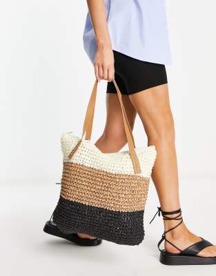 My Accessories London beach straw tote bag in neutral colour black | ASOS
