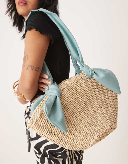 My Accessories small straw tote bag with contrast satin straps in off ...
