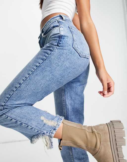 NA-KD ripped hem straight leg jeans in blue | ASOS