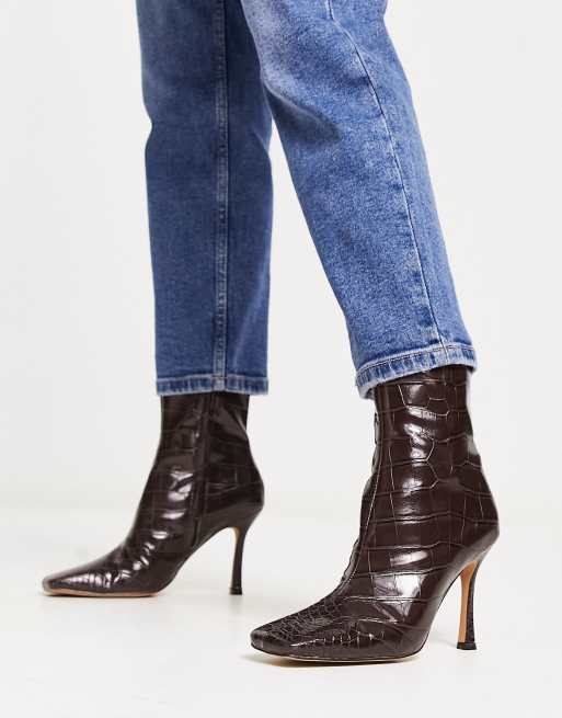 Na Kd Stiefeletten In Kroko Dunkelbraun Mit Eckiger Zehenpartie Und