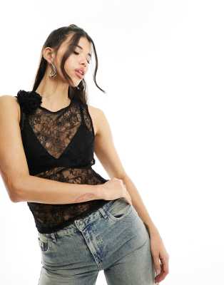 Na-kd X Julieta Padros Rose Detail Lace Top In Black | ModeSens
