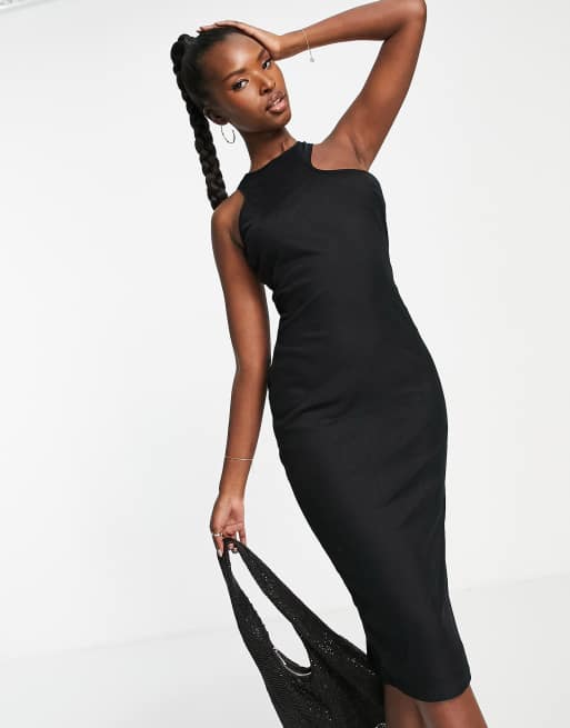 NaaNaa assymetric racer neck midi dress in black | ASOS