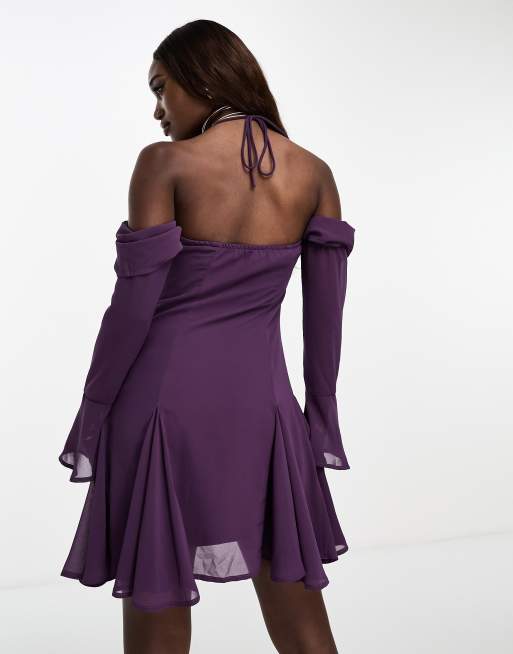NaaNaa off the shoulder mini dress with ruffle details in purple | ASOS