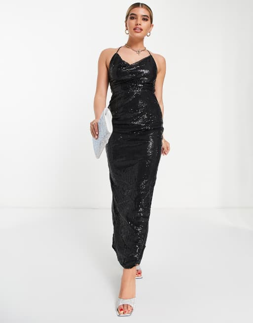 Naanaa Robe Longue à Sequins Avec Col Bénitier Noir Asos