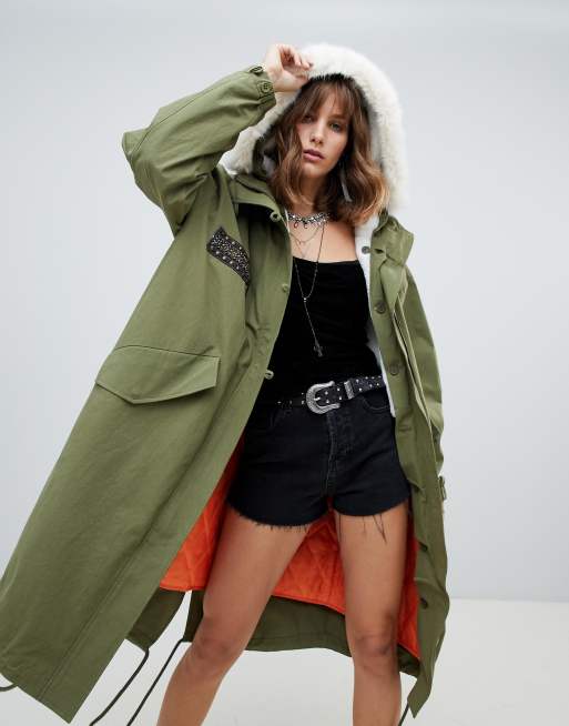 Native Rose Parka Oversize Avec Capuche En Fausse Fourrure Avec