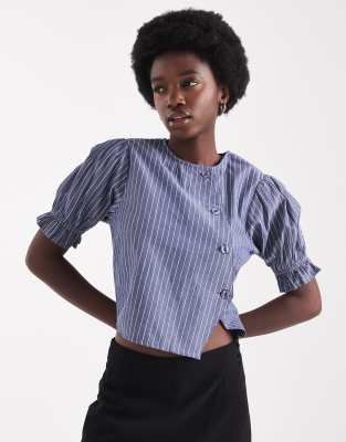 Native Youth buttoned top with puff sleeves in indigo stripe | ASOS