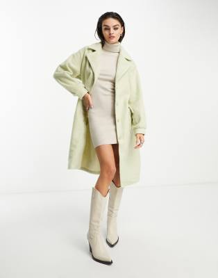 Native Youth longline belted overcoat with puff sleeves in sage green ...