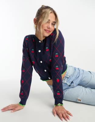 Neon Rose cherry applique pointelle cardigan in navy and red | ASOS