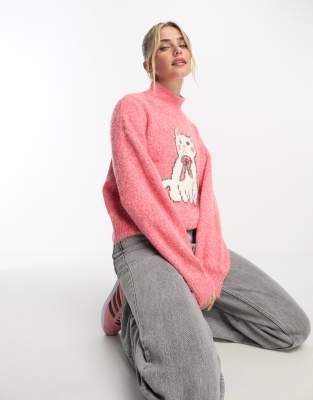 Neon Rose fluffy cat high neck jumper in pink | ASOS