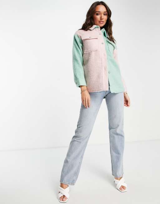 Neon Rose oversized shacket with jewel buttons in pastel color block | ASOS