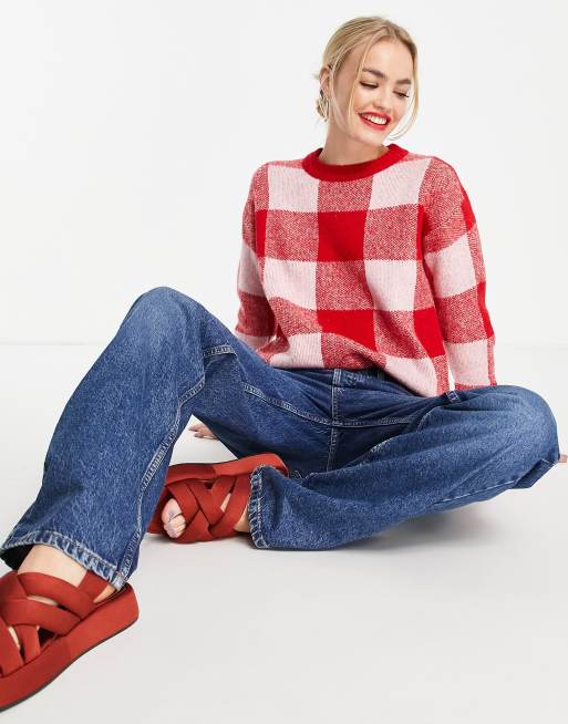 Neon Rose oversized sweater with balloon sleeves in bright check | ASOS