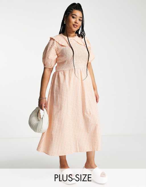 Neon Rose Plus Midi Dress With Shirred Bodice And Oversized Collar In