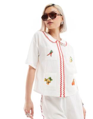 Neon Rose rik-rak detail embroidered pocket blouse co-ord in white | ASOS