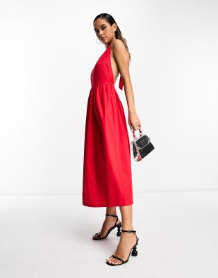 Never Fully Dressed backless midaxi dress with pockets in red | ASOS