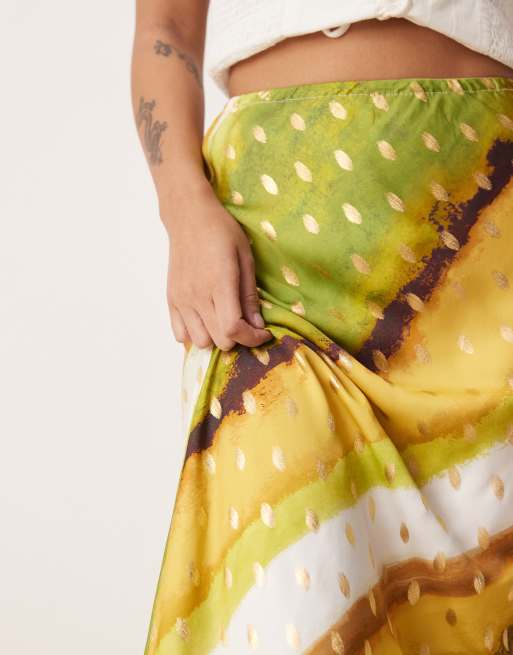 Never Fully Dressed Petite Dorris satin gold fleck maxi skirt in green ...