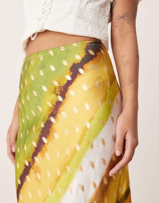 Never Fully Dressed Petite Dorris satin gold fleck maxi skirt in green ...