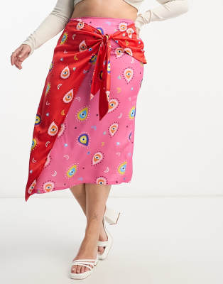 Never Fully Dressed Plus - Jupe portefeuille mi-longue à motif cachemire - Rouge | ASOS