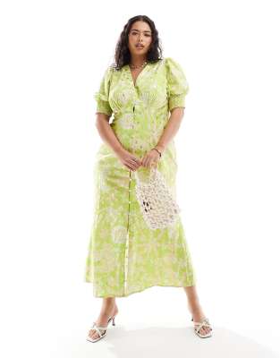 Never Fully Dressed Plus - Lindos - Midaxi jurk in geel met gouden print | ASOS