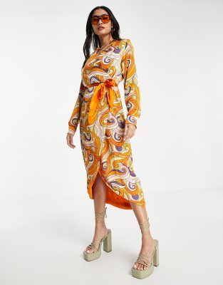 Never Fully Dressed Retro Groove reversible wrap midi dress in orange ...