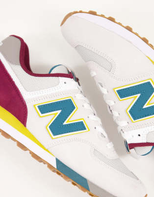 New Balance 574 trainers in grey burgundy and yellow
