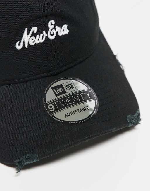 New Era script logo 9twenty distressed cap in black | ASOS