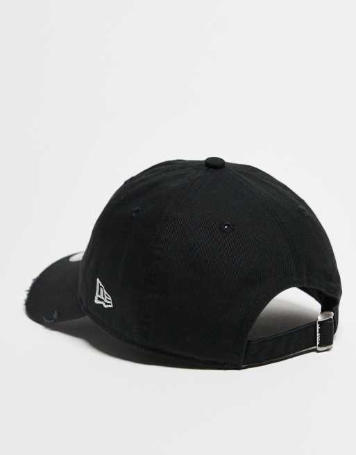 New Era script logo 9twenty distressed cap in black | ASOS