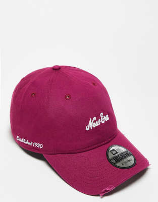 New Era script logo 9twenty distressed cap in red | ASOS
