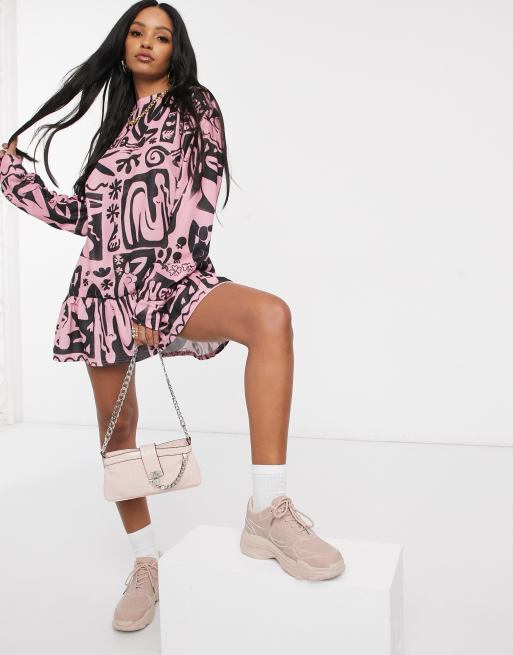 New Girl Order high neck smock dress in all over arty print | ASOS