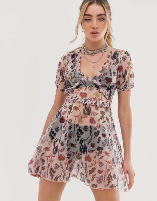 New Girl Order skater dress in metallic tattoo print mesh | ASOS