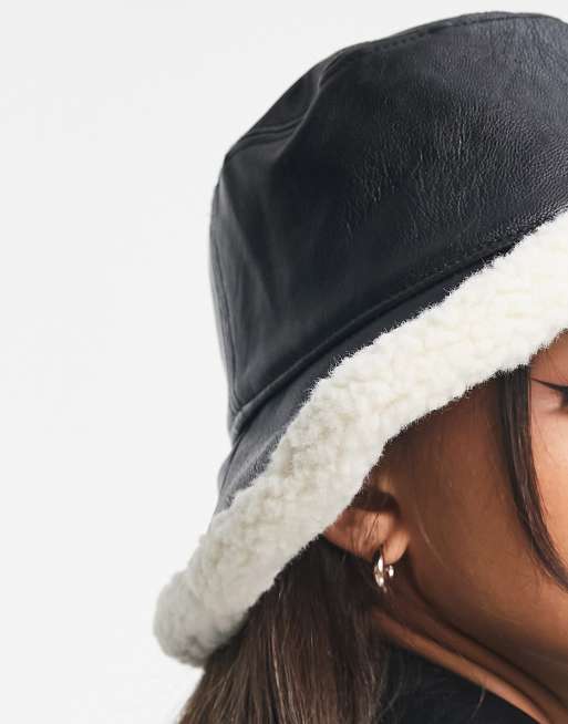 New Look borg and faux leather bucket hat in black | ASOS