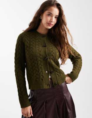 New Look cable knit toggle cardigan in khaki | ASOS