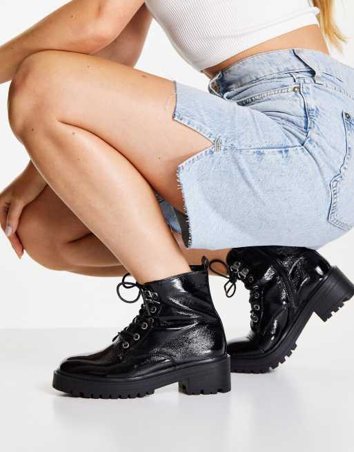 New Look chunky lace up patent flat boot in black | ASOS