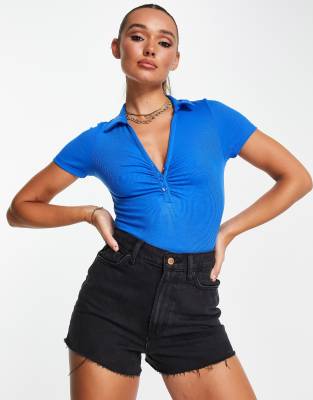 New Look collared button through ruched front bodysuit in blue | ASOS