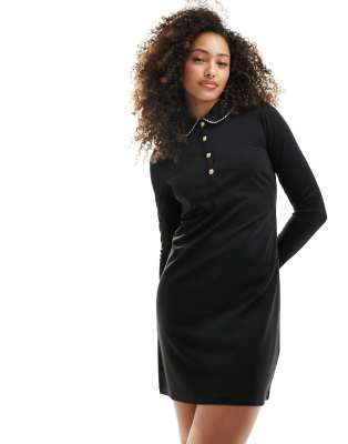 New Look collared long sleeve mini dress with pearl detail in black | ASOS