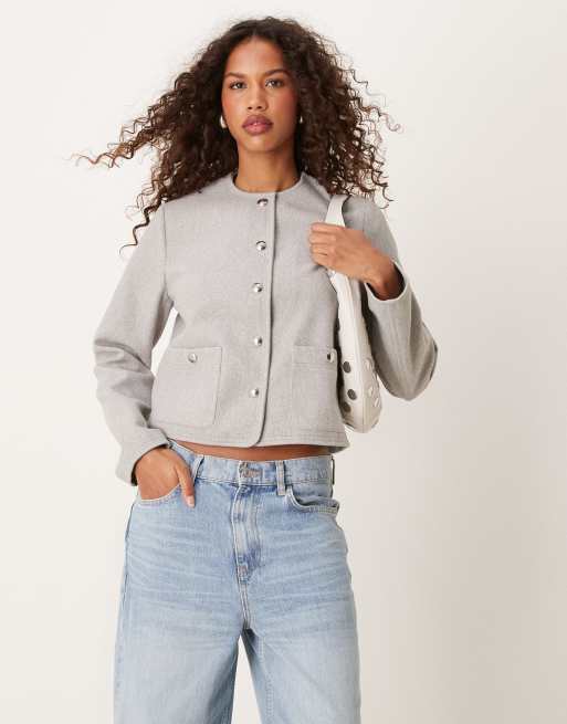 New Look collarless button down jacket in grey | ASOS