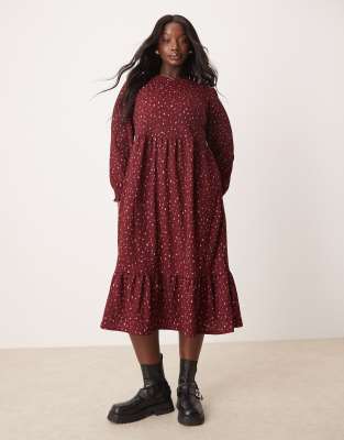 New Look Curve crinkle smock midi dress in burgundy | ASOS