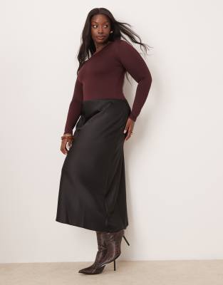 New Look Curve - Jupe mi-longue en satin coupé en biais - Noir | ASOS