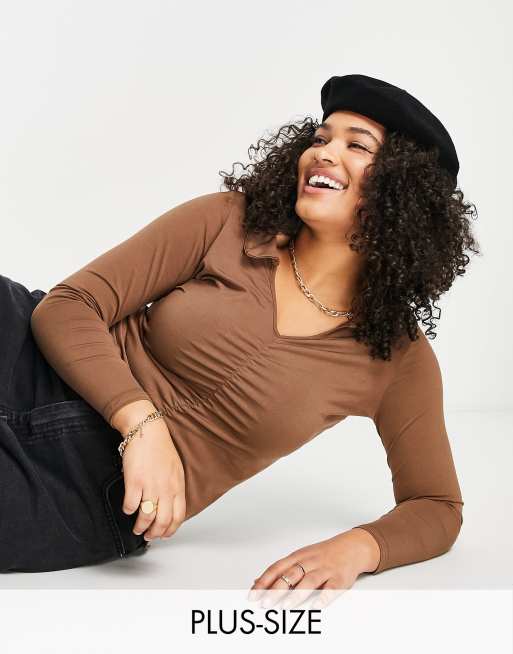 New Look Curve ruched front collared top in brown | ASOS