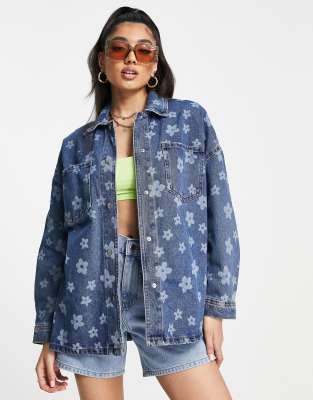 New Look daisy print denim jacket in mid blue wash | ASOS