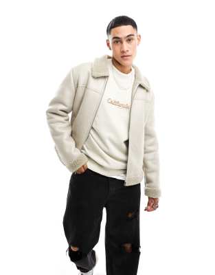 New Look faux shearling aviator jacket in stone | ASOS