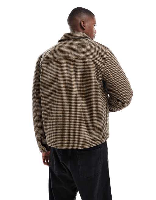 New Look faux wool jacket in brown micro check | ASOS