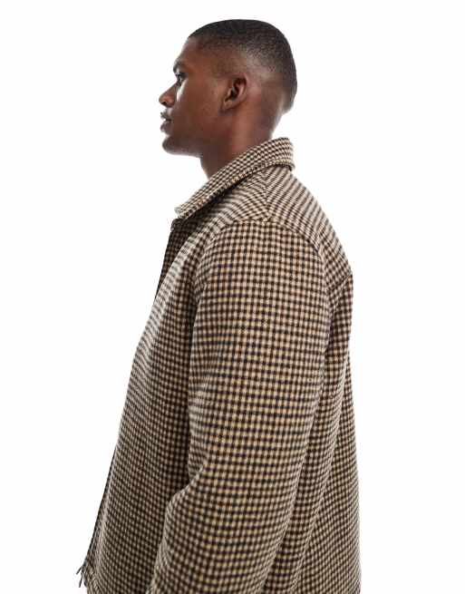 New Look faux wool jacket in brown micro check | ASOS